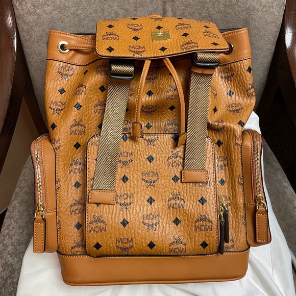 MCM | Bags | Mcm Cognac Brandenburg Backpack In Visetos | Poshmark